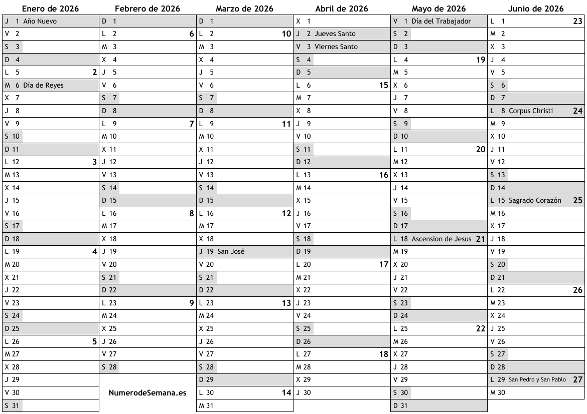 Calendario para 2026 con días festivos e números de semana … almanaques ...