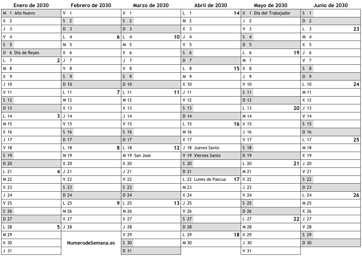 Calendario para 2030 con días festivos e números de semana … almanaques, online calendario anual ...